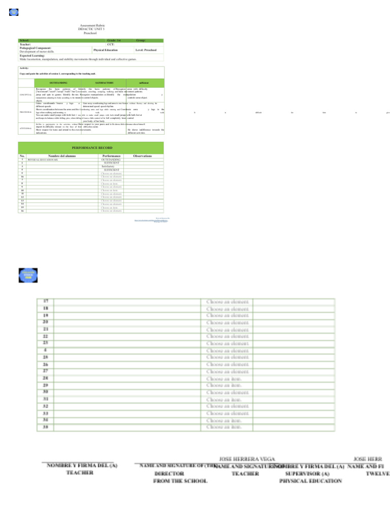 1st Preschool Unit 3 - Rubric | PDF | Behavior Modification | Cognition
