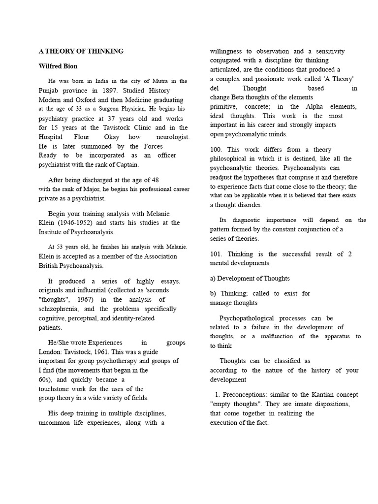 A THEORY OF THINKING - Wilfred Bion | PDF | Thought | Psychoanalysis