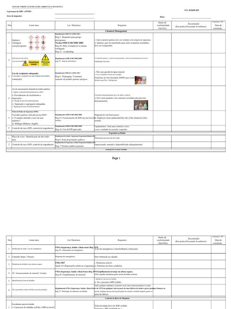 Checklist de Saúde e Segurança Ambiental | PDF | Desperdício | Máquinas