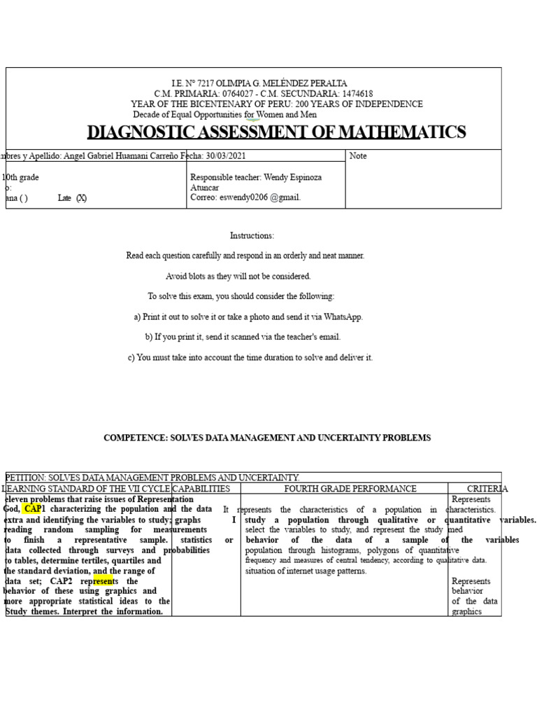 Diagnostic Assessment of Mathematics 4th Year of Secondary School | PDF ...