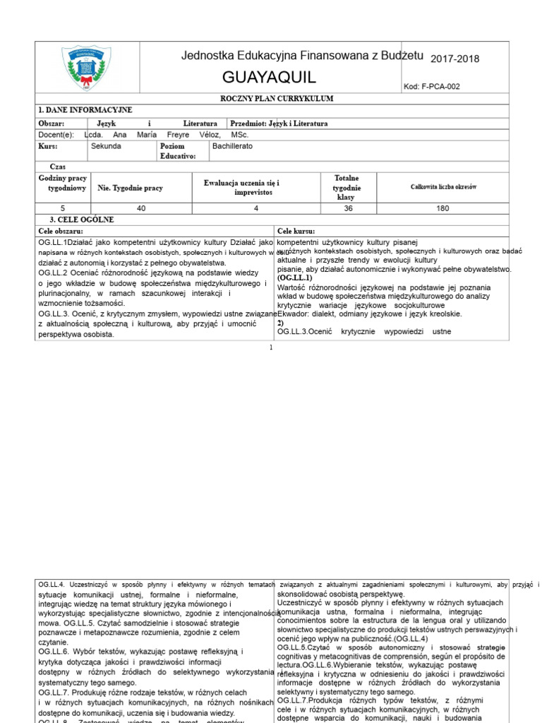 Pca 2 Bach Język I Literatura | PDF