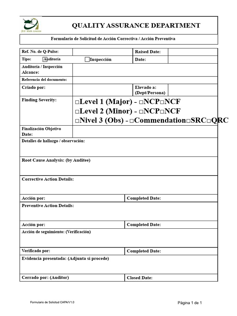 CAPA Form V1 - 0 PDF | PDF