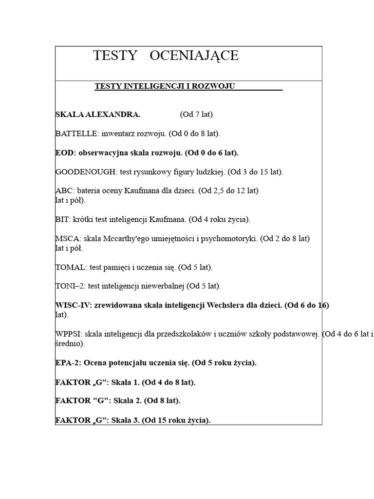 LISTA Testów Psychologicznych Dla Dzieci | PDF