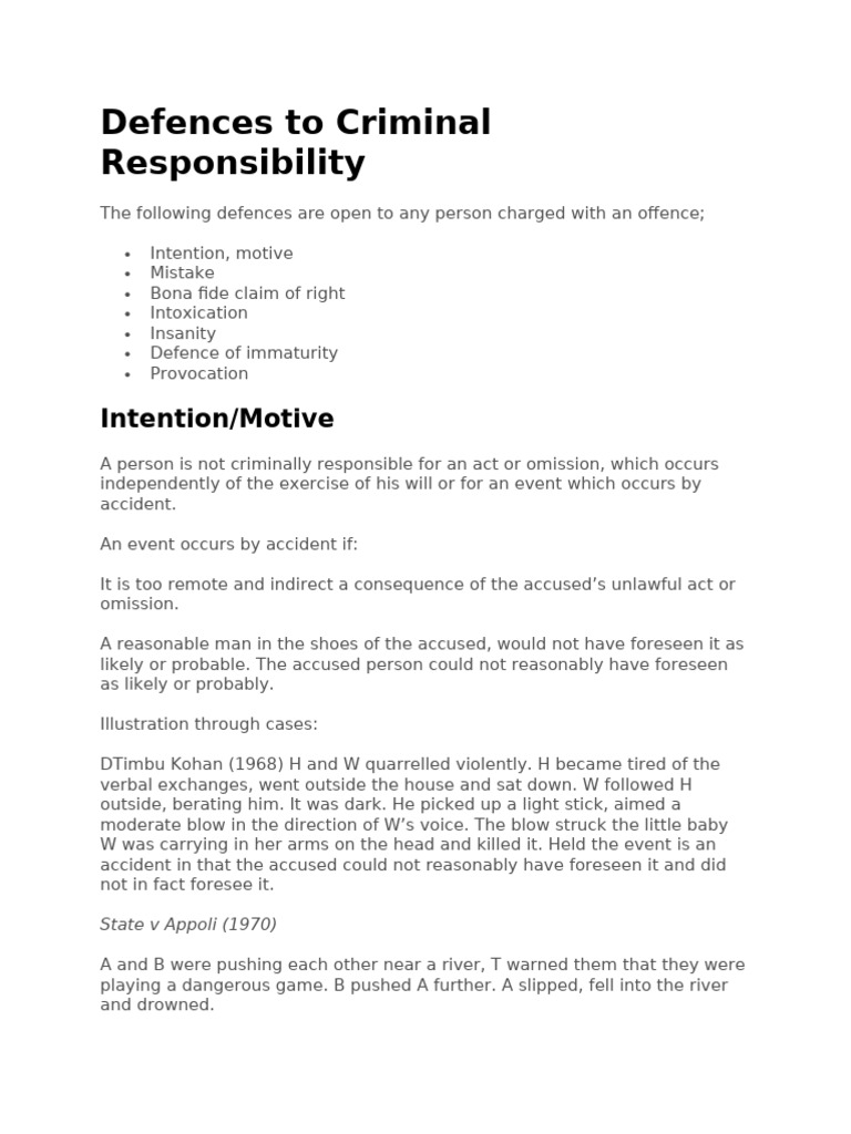 Criminal Responsibility Defenses Explained | PDF | Insanity Defense ...