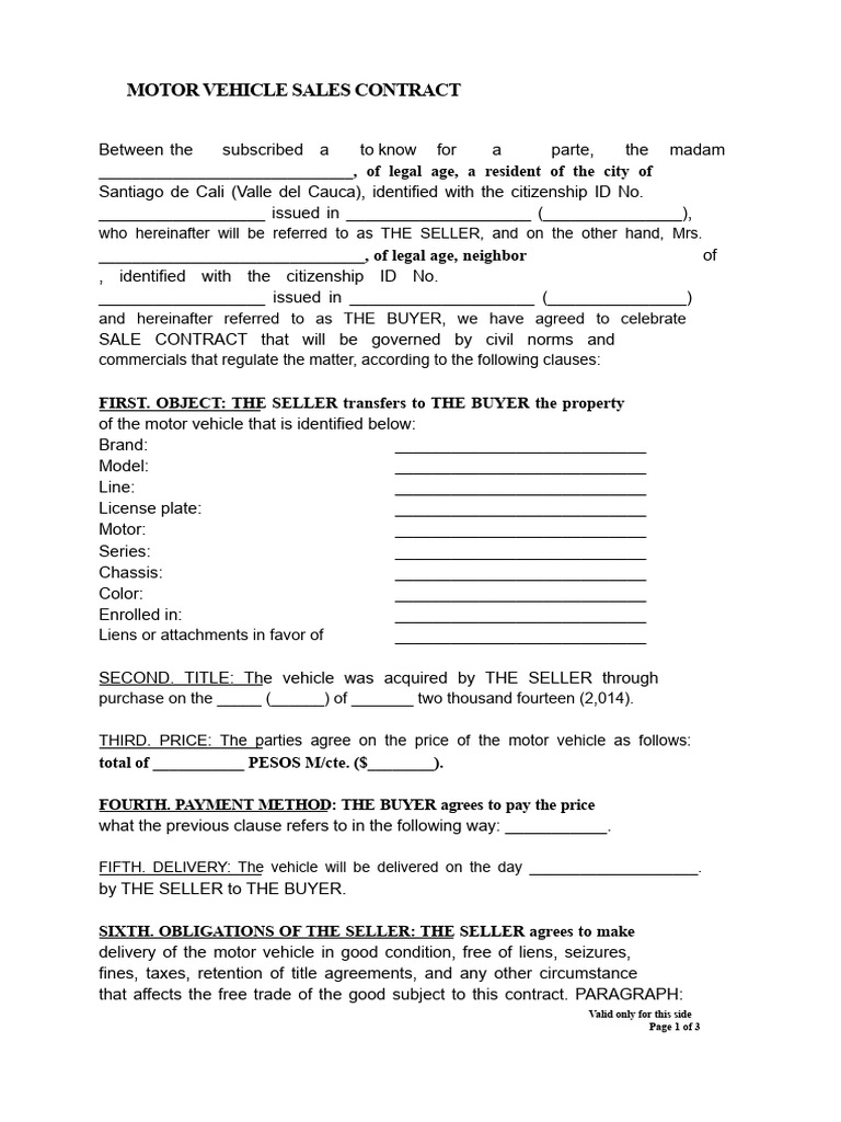 Motor Vehicle Purchase Agreement | PDF | Taxes | Lien