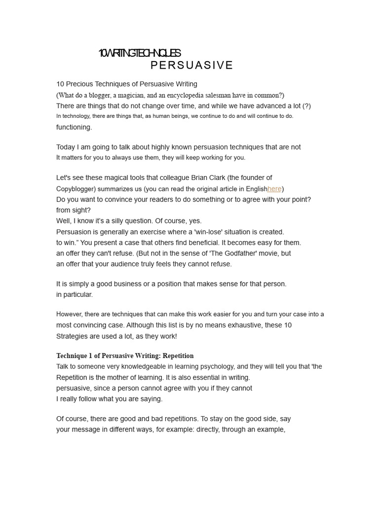 10 Techniques of Persuasive Writing | PDF | Persuasion | Thought