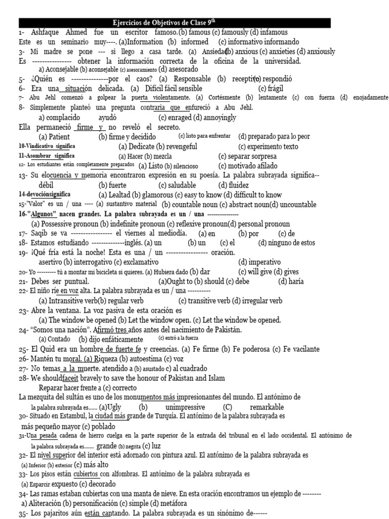 Ejercicios de Gramática para 9º Grado | PDF | Oración (Lingüística ...