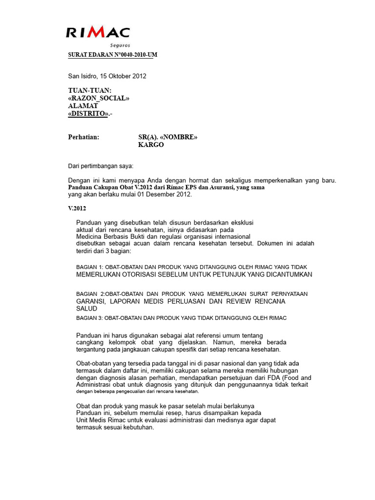 Panduan Cakupan Obat Rímac EPS 2012 | PDF