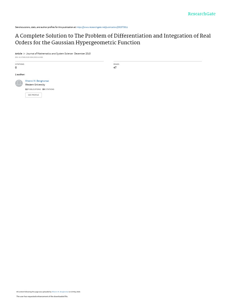 Gaussian Hypergeometric Function Solutions | PDF | Integral | Derivative