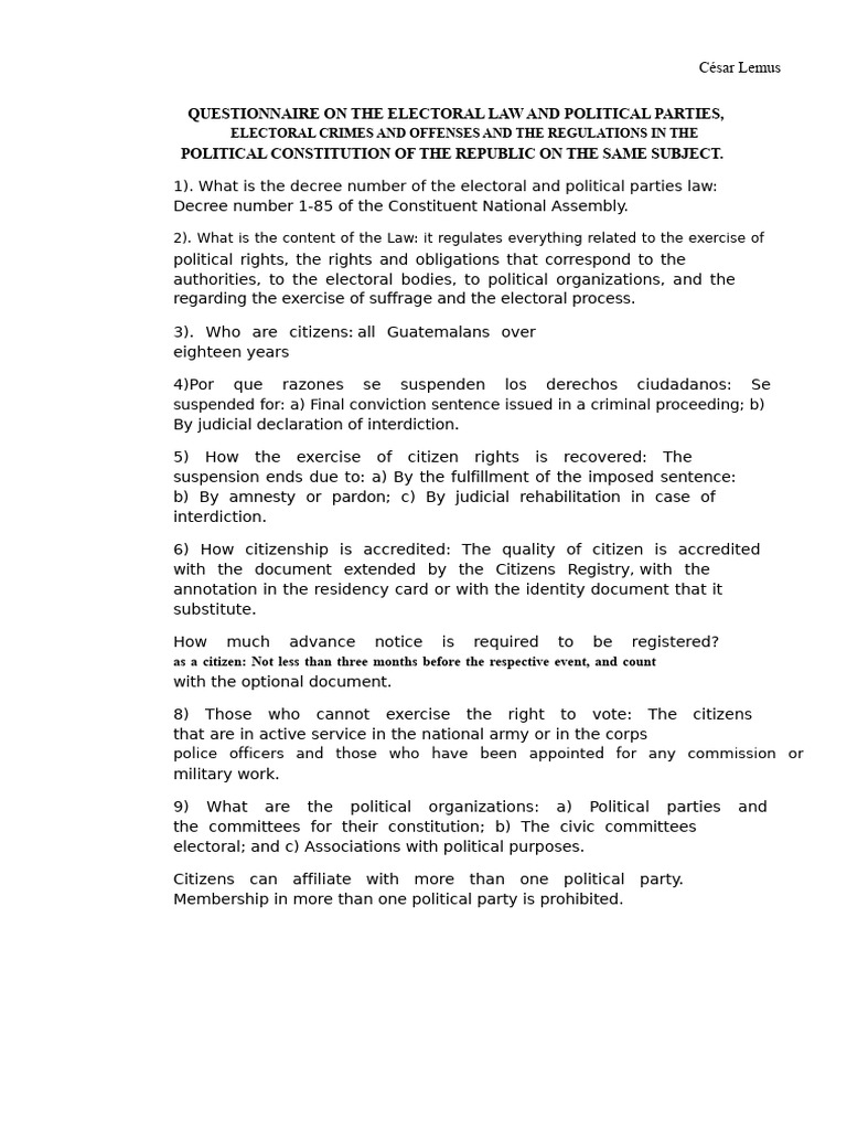 Questionnaire On The Electoral Law and Political Parties | PDF ...