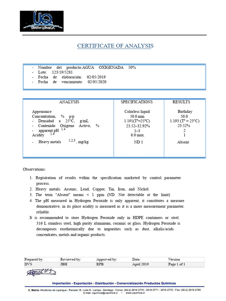 COA Hydrogen Peroxide 50% (Batch 123-19-5281) | PDF