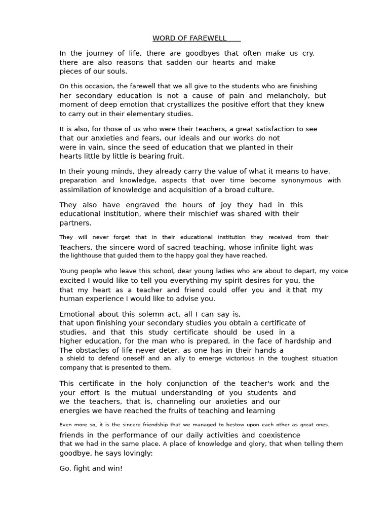 Farewell Words From High School | PDF | Teachers | Psychological Concepts