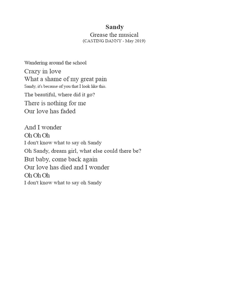 Sandy (Lyrics in Spanish) | PDF