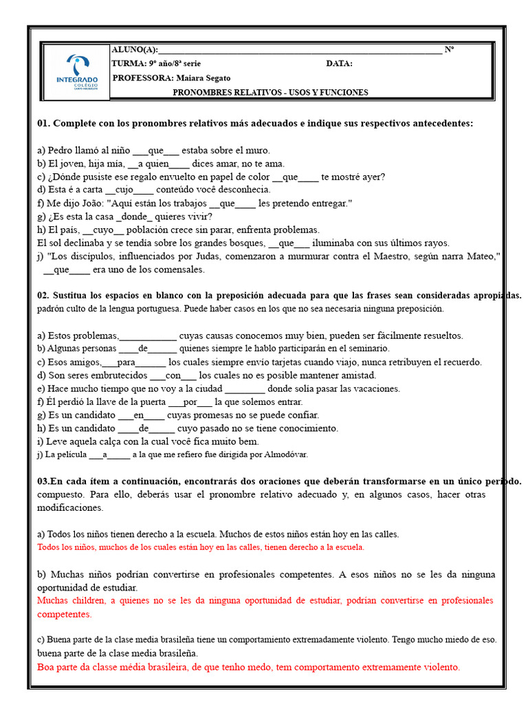 Pronombres Relativos: Usos y Ejercicios | PDF | Objeto (gramática ...