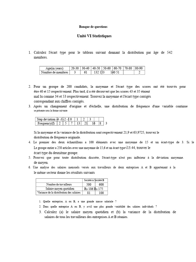 Questions de Statistiques et Écarts Types | PDF | Variance ...
