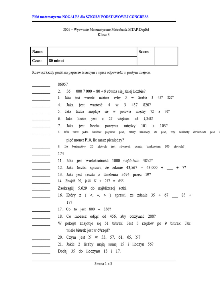 Eliminacje MTAP Klasa 3 - 2005 | PDF