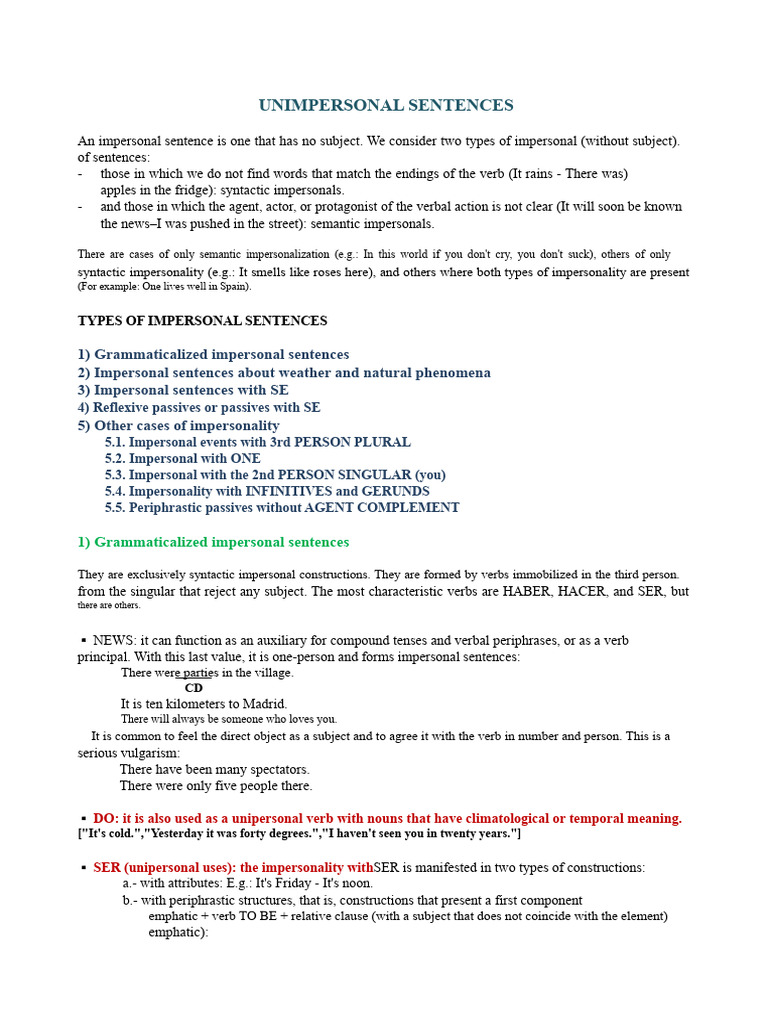 impersonal sentences | PDF | Subject (Grammar) | Verb
