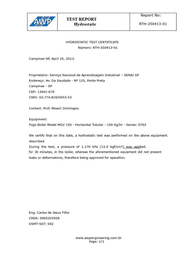 Hydrostatic Test Certificate for Fogo Boiler | PDF
