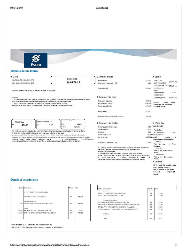 Bank of Brazil Invoice Summary 2019 | PDF | Payments | Credit Card