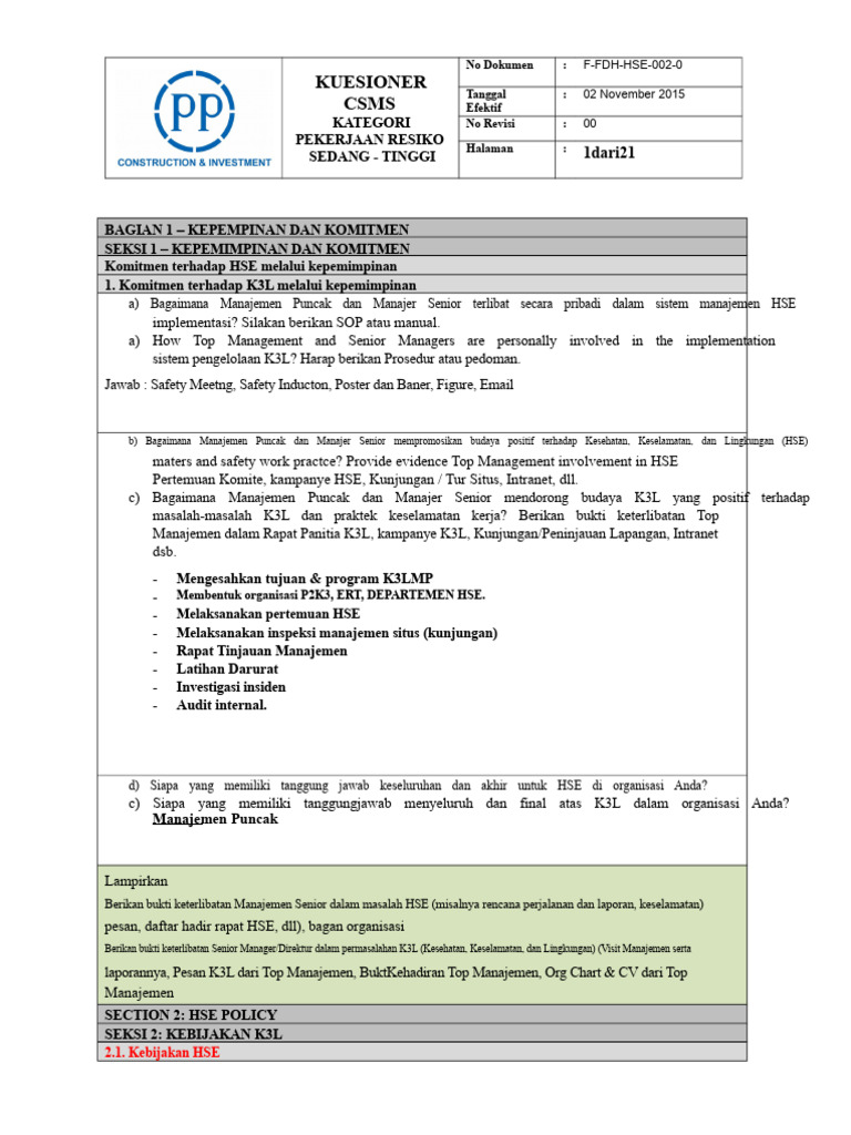 F FDH HSE 002 0 Kuesioner CSMS (Medium Tinggi) | PDF