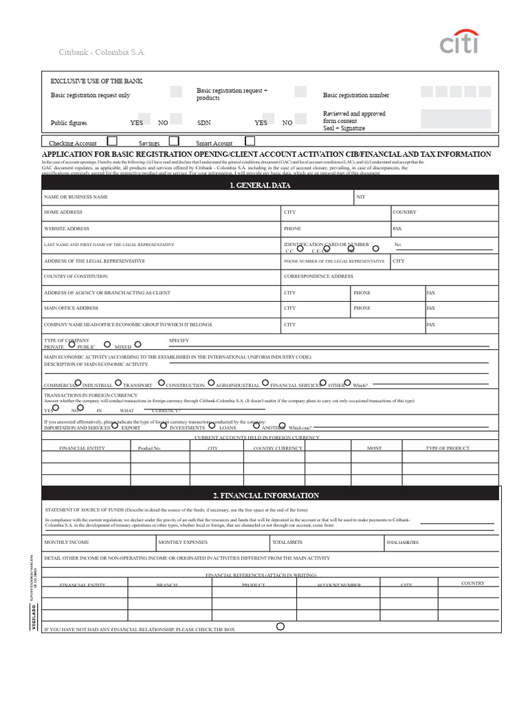Citibank Colombia Account Registration Form | PDF | Banks | Transaction ...