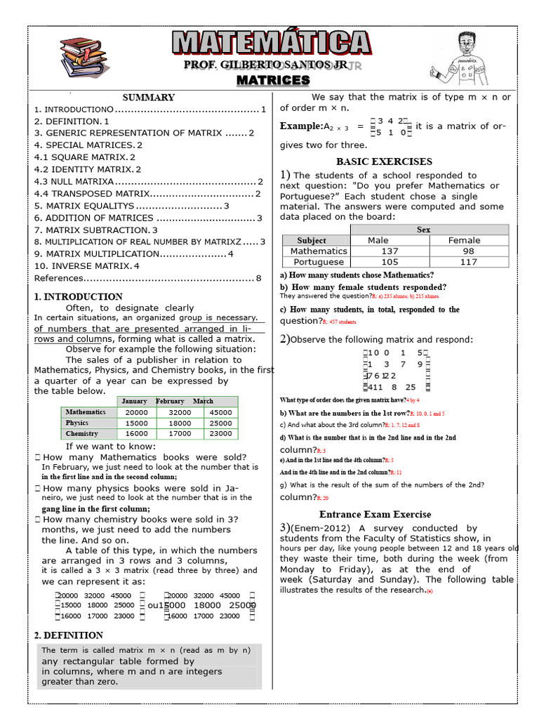 Matrix Workbook (8 Pages, 40 Questions, With Answer Key) | PDF | Matrix ...