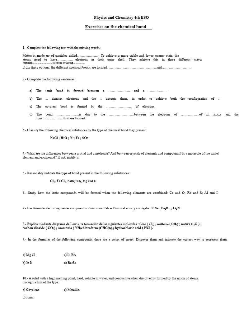 Exercises On Chemical Bonding Edited Pdf Chemical Bond Chemical