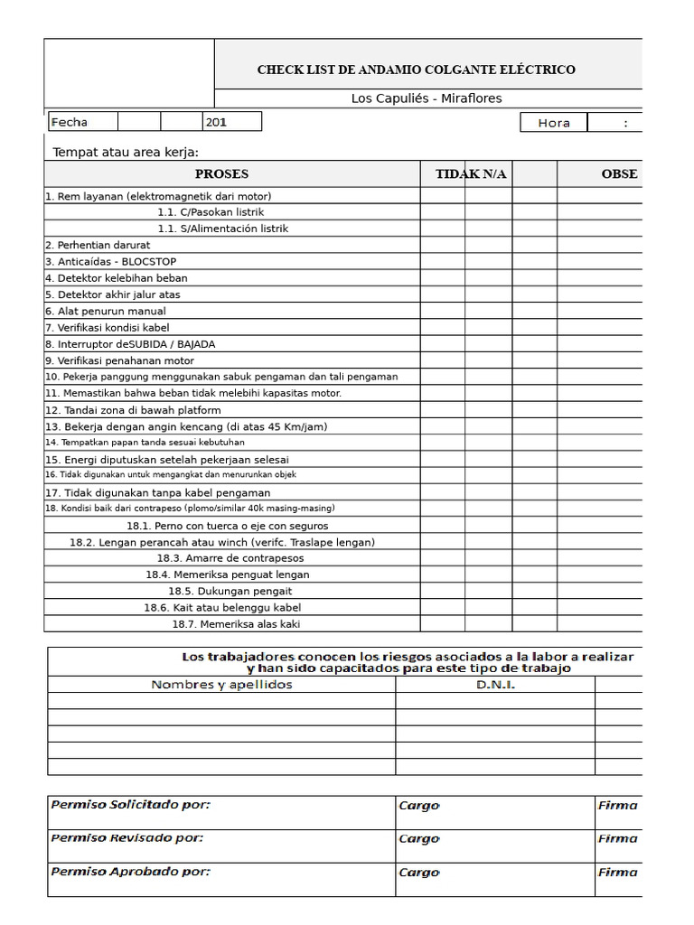 Checklist Andamio Colgante Eléctrico | PDF