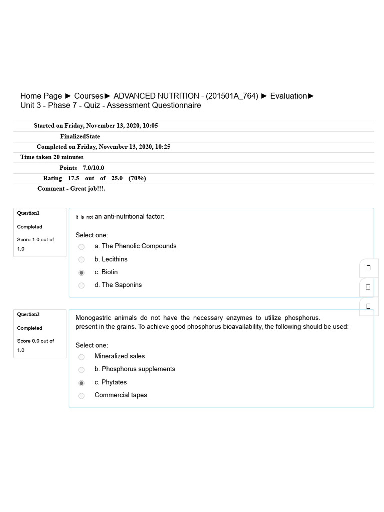Unit 3 - Phase 7 - Quiz - Advanced Nutrition Assessment Questionnaire ...