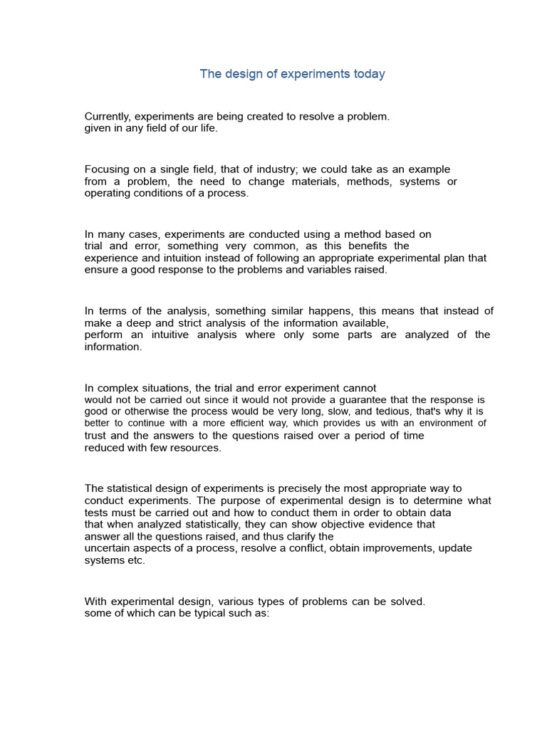 The Design of Experiments Today | PDF | Experiment | Design Of Experiments