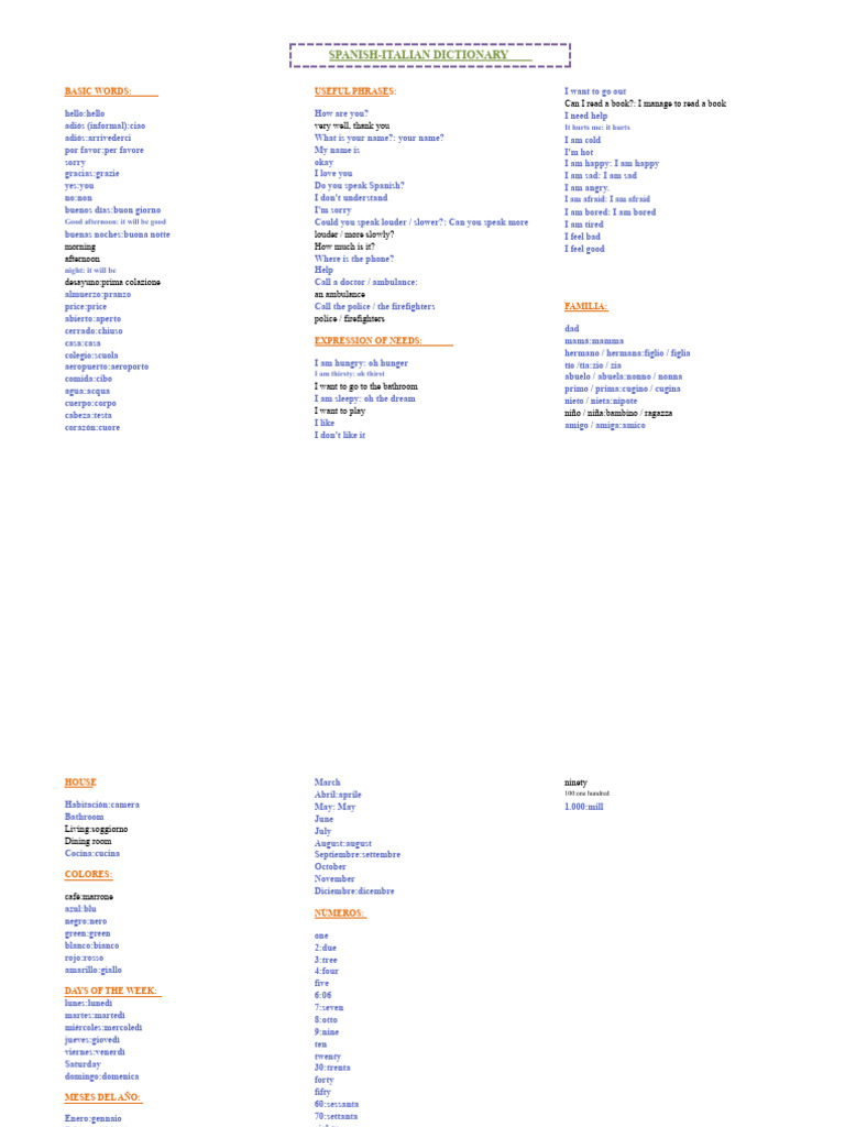 Spanish-Italian Basic Vocabulary Guide | PDF