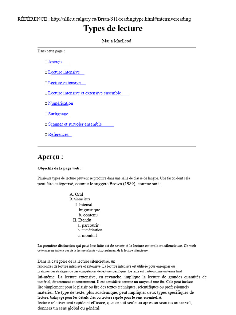 Types de lecture : intensive et extensive | PDF | Lecture rapide ...