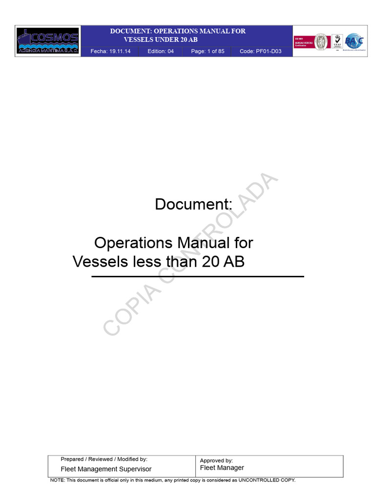 Operations Manual For Vessels Under 20 AB - 20141119 | PDF | Sea ...