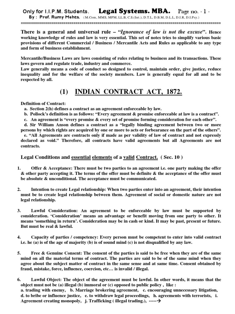 Notes.-Legal Systems. - IIPM. - MBA. & LCP Form | PDF | Negotiable ...