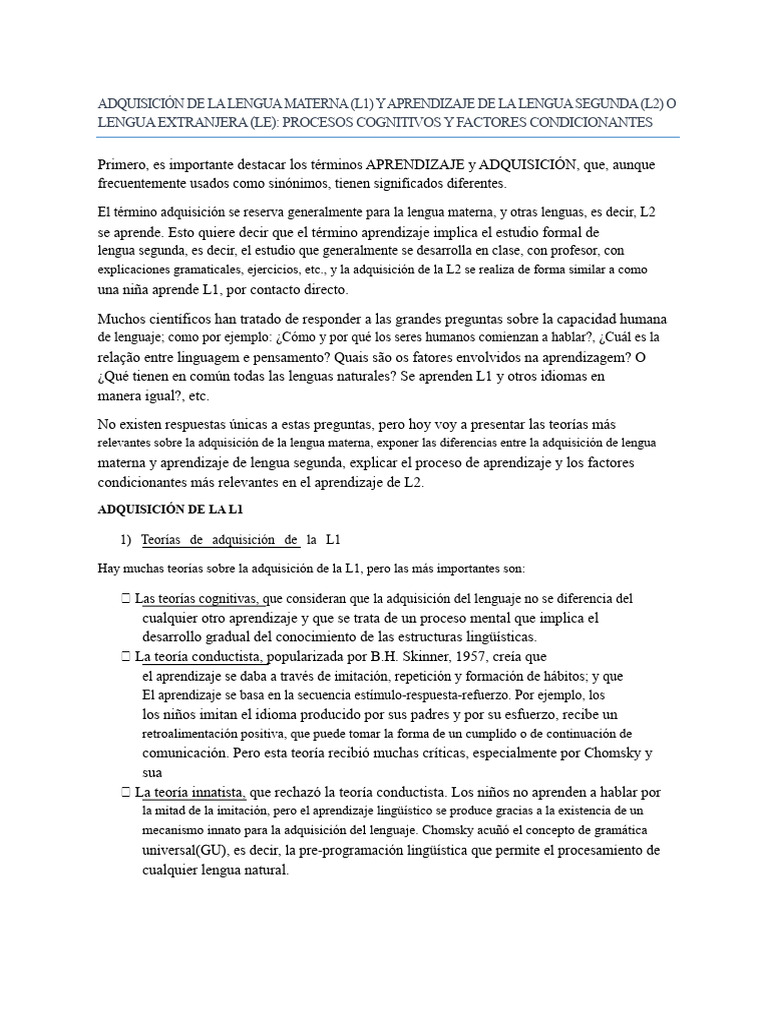 Adquisición de La L1 y Aprendizaje de La L2 | PDF | Aprendizaje ...