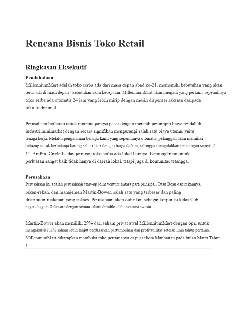 Rencana Bisnis Toko Otomatis MillenniumMart | PDF