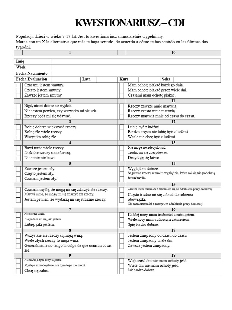 Kwestionariusz - Cdi Word | PDF