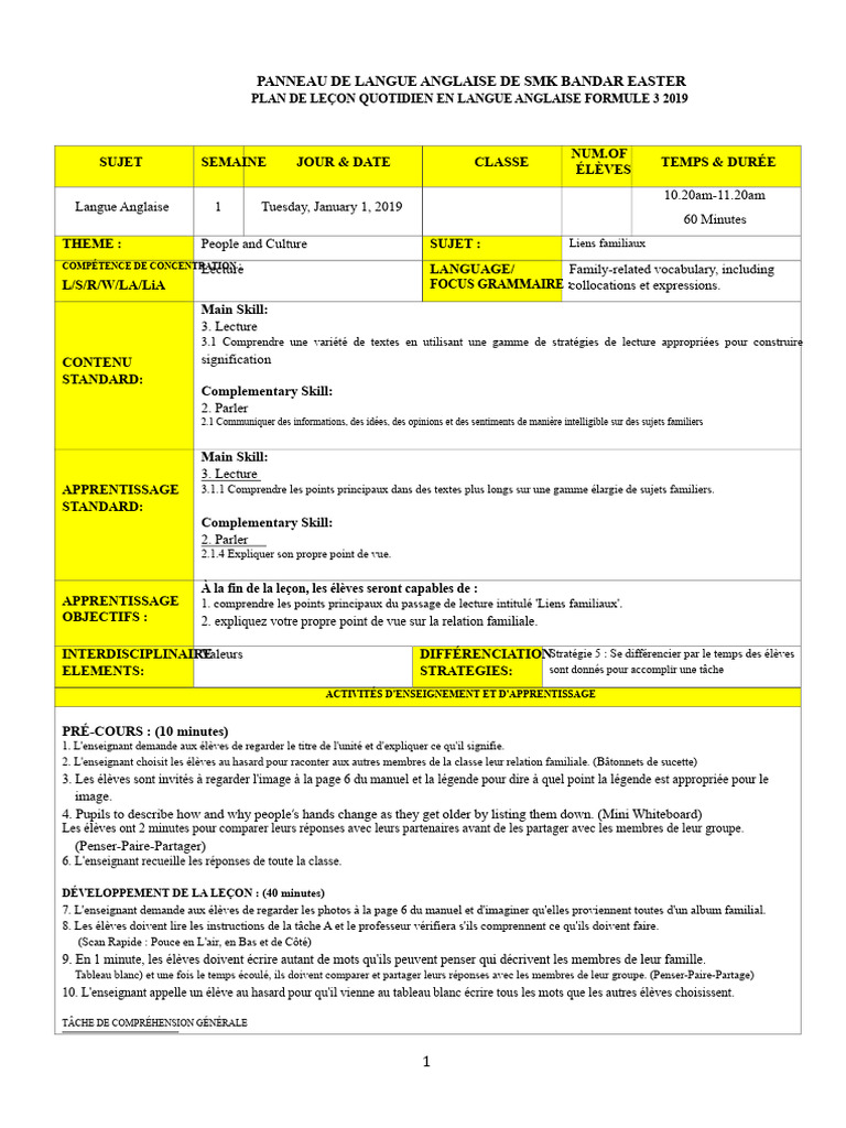 Plan de leçon : Liens familiaux en anglais | PDF
