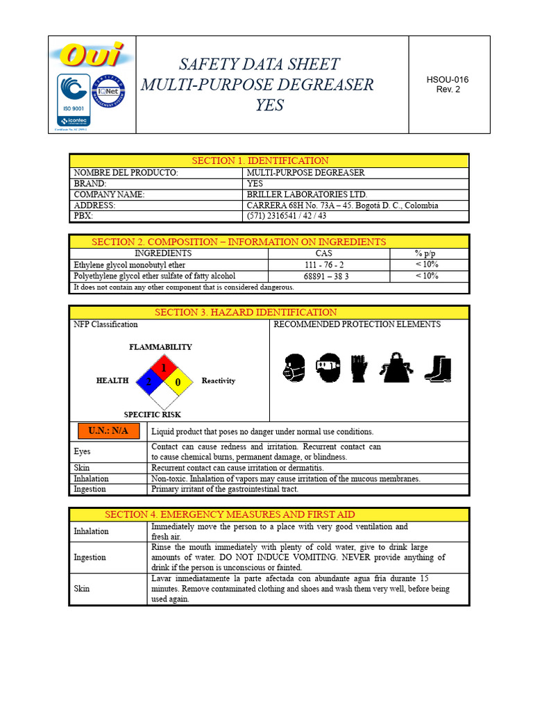 Multi-Purpose Degreaser Safety Data Sheet | PDF | Products Of Chemical ...