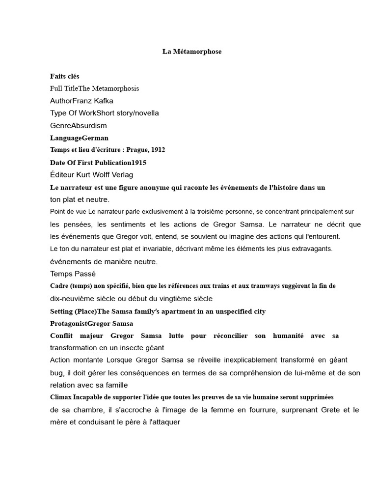 La Métamorphose de Kafka : Résumé et Analyse | PDF | Franz Kafka | La ...
