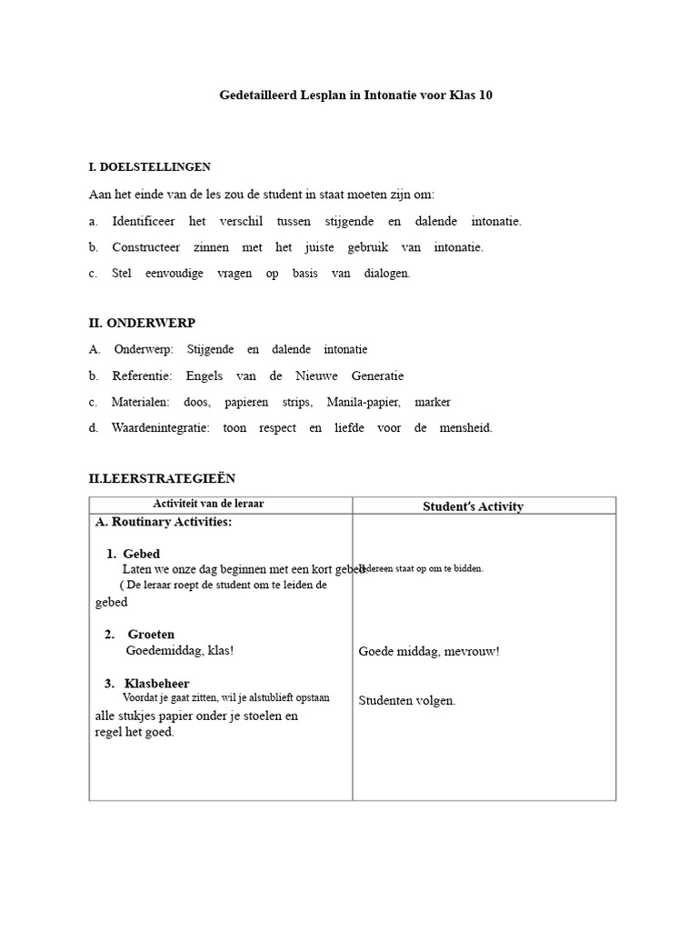 Gedetailleerd Lesplan Over Intonatie Voor Klas 10 | PDF