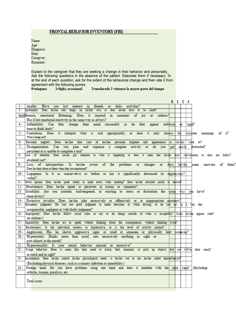 Frontal Behavior (Inventory) | PDF | Psychology | Behavioural Sciences