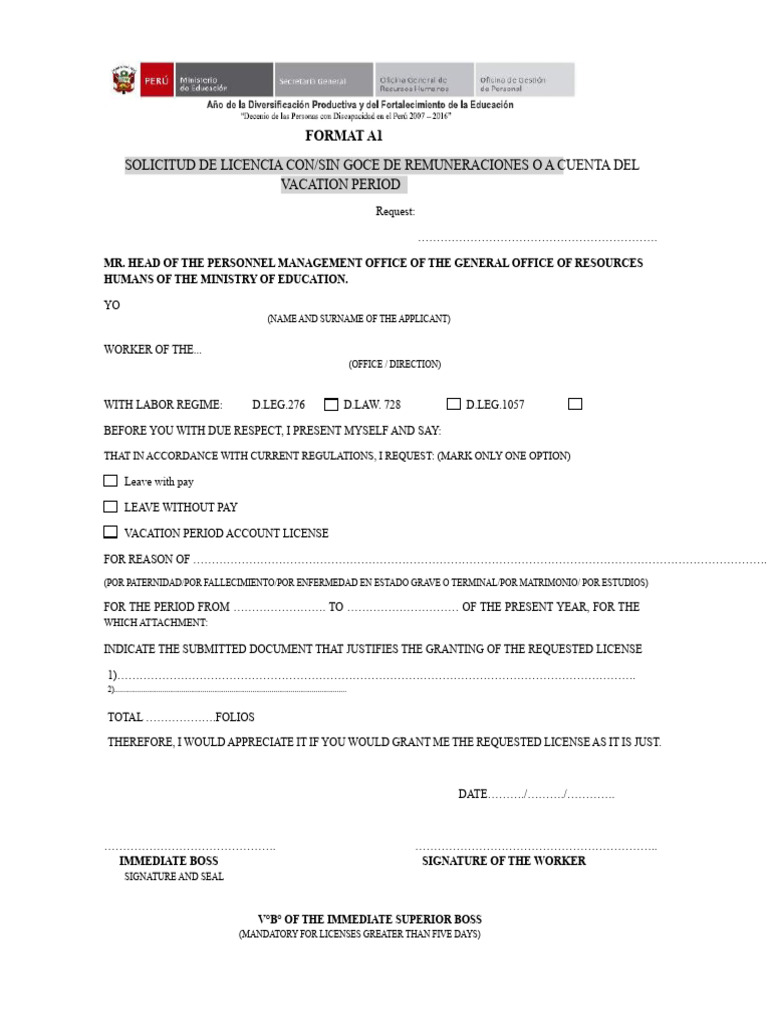 Format A1 License With or Without Salary or Against Vacation Period ...