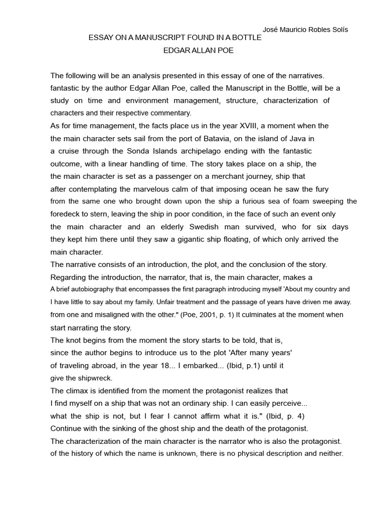 Essay on Manuscript Found in a Bottle | PDF | Narrative