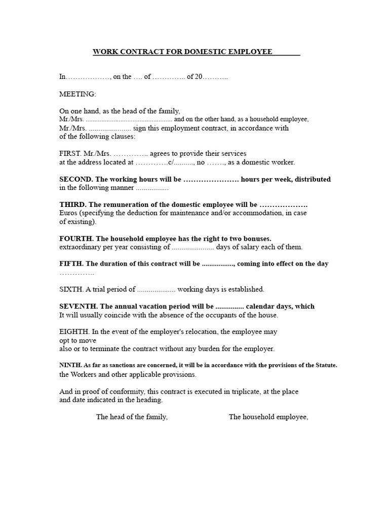 Domestic Employee Work Contract Template | PDF | Employment | Salary