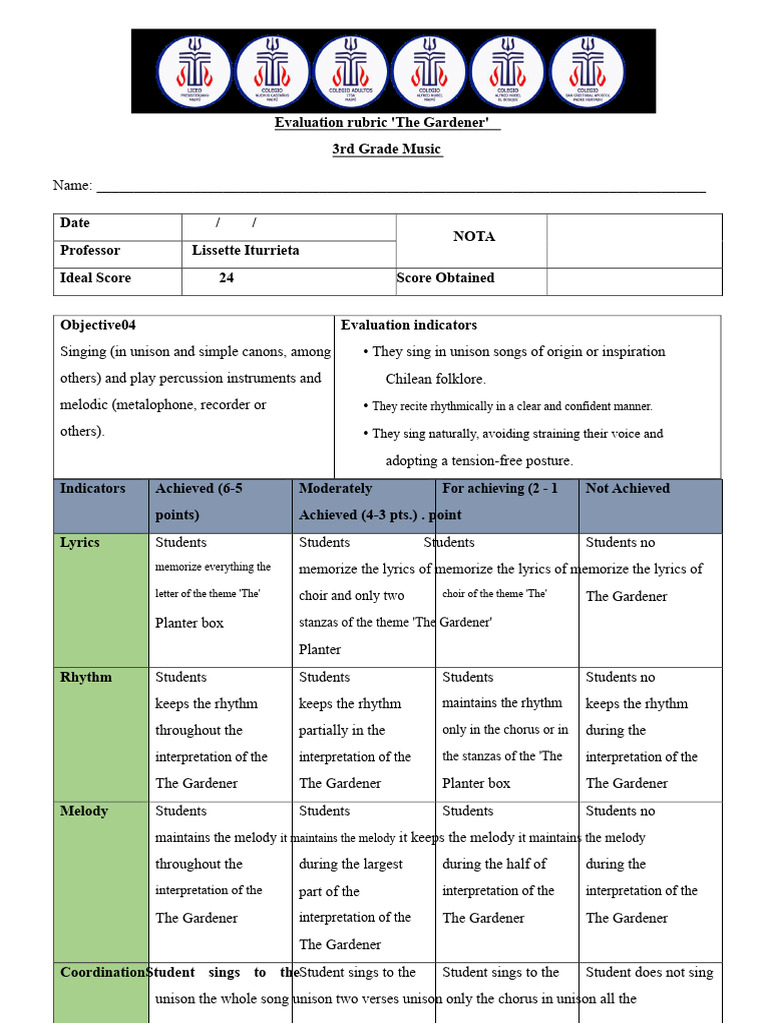 3rd Grade Music Evaluation Rubric | PDF | Rhythm | Singing