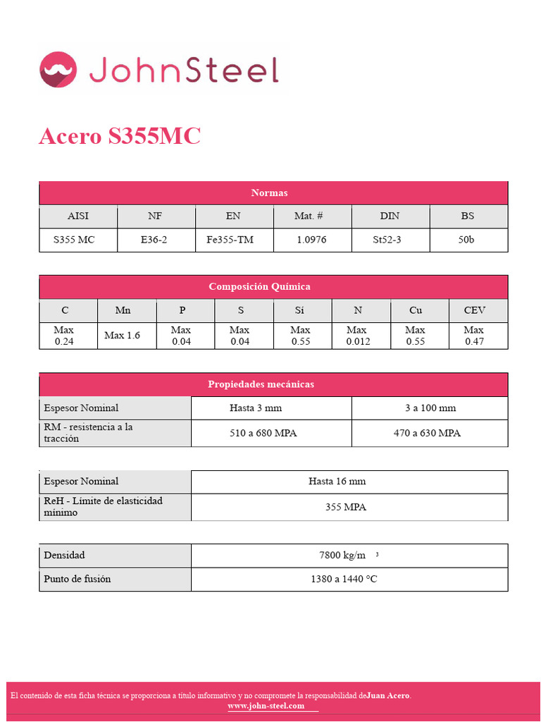 Ficha Técnica Acero S355MC | PDF | Acero | Rieles