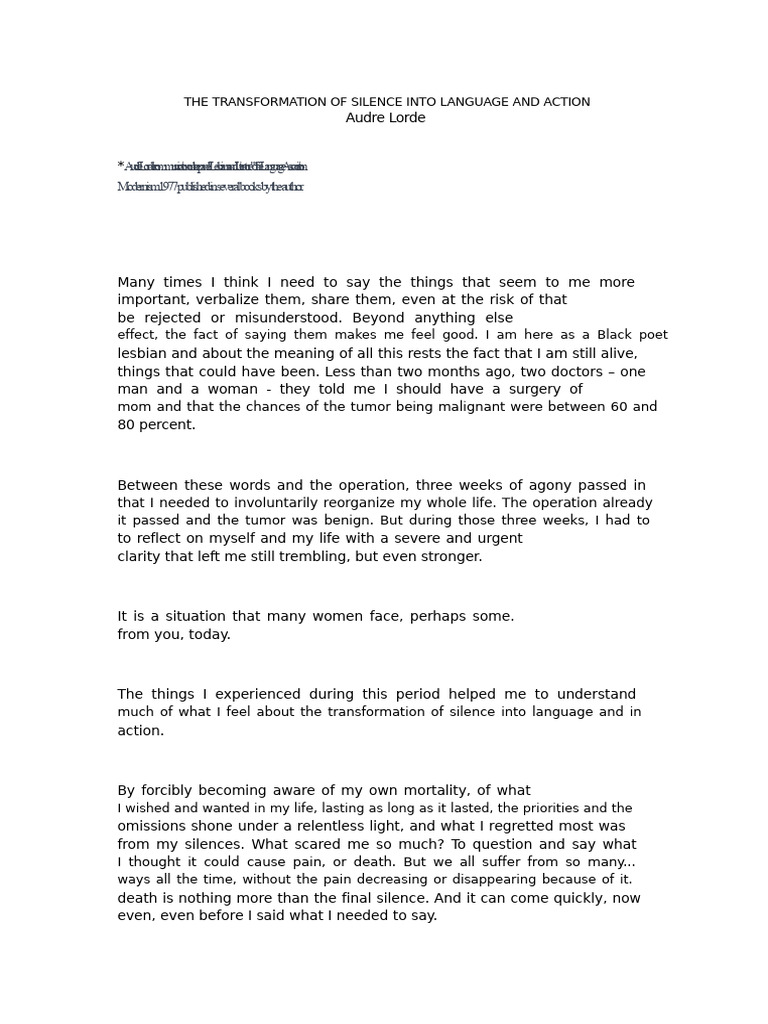 Audre Lorde - The Transformation of Silence Into Language and Action ...