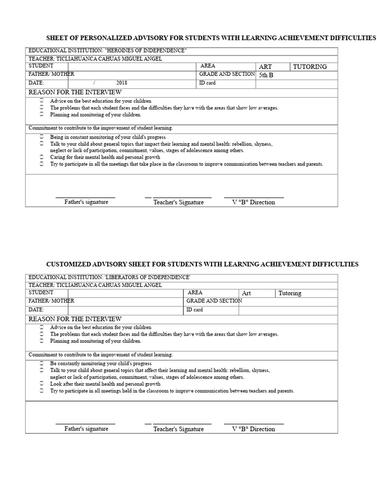 Personalized Advisory Sheet For Students With Learning Achievement ...