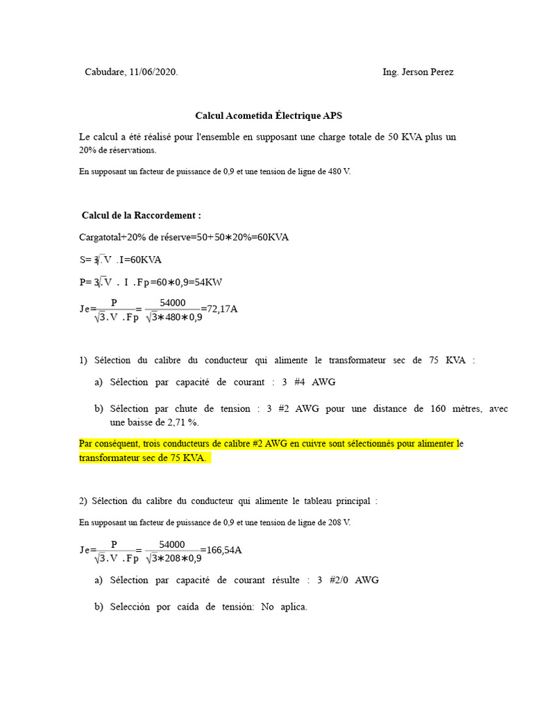 Calcul Acometida Électrique APS 60 KVA | PDF